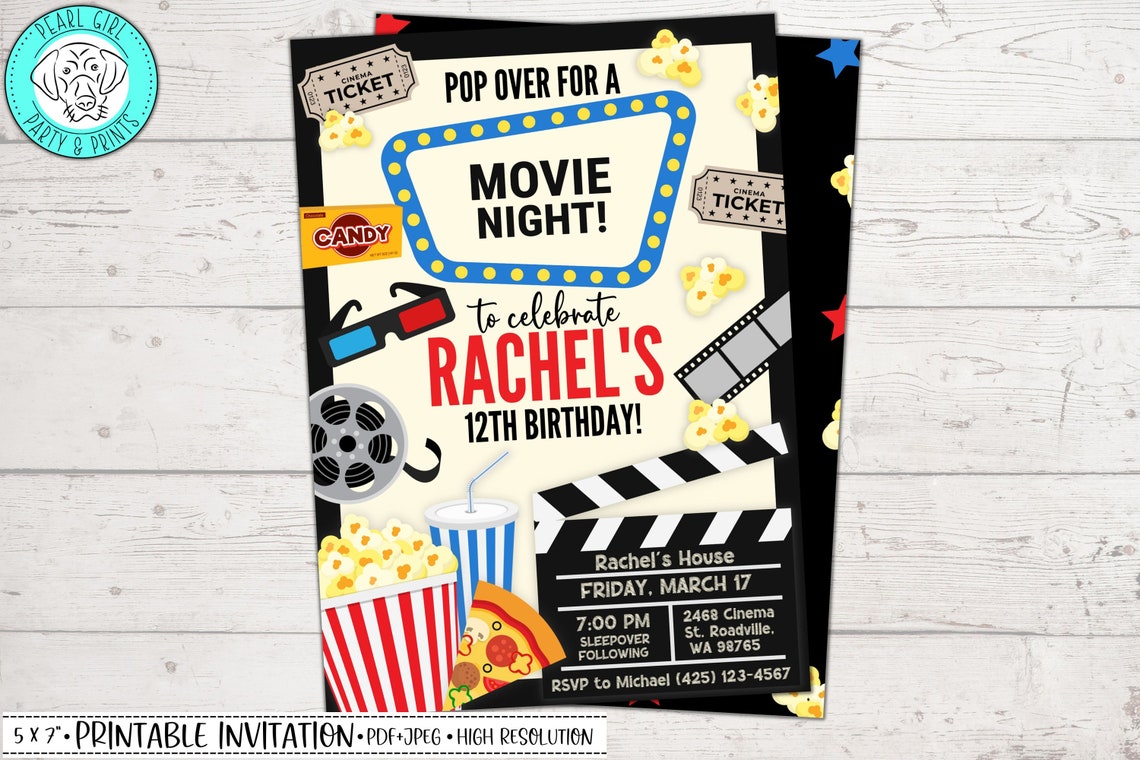 Movie Birthday Invitation, Movie Night Invitation, Movie Party Invite ...