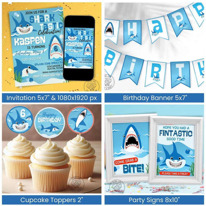 Shark Birthday Party Bundle: Editable Decorations, Canva Template ...