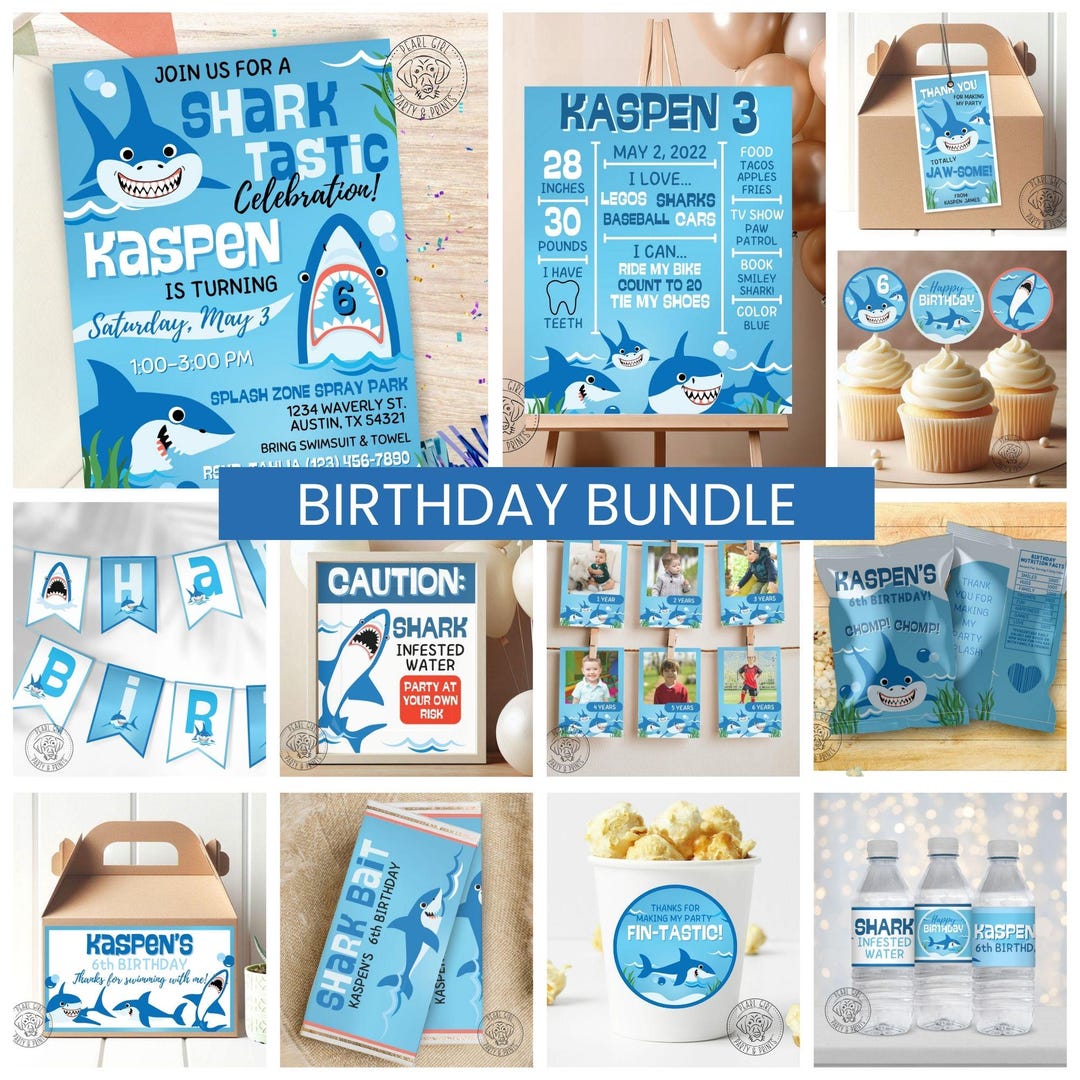 Shark Birthday Party Bundle: Editable Decorations, Canva Template ...