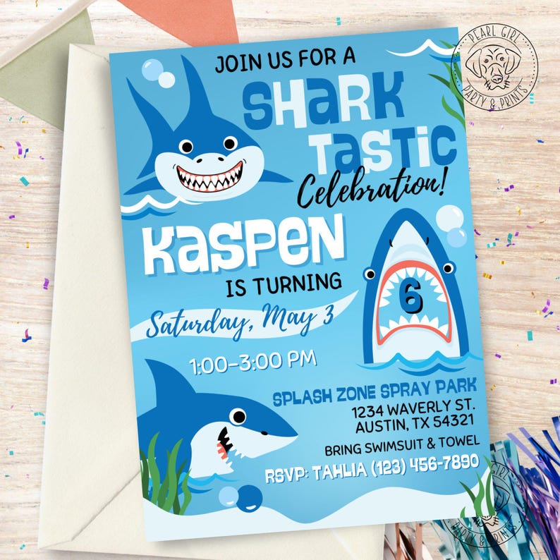 Editable Shark Birthday Invitation, Shark Party Invite, Shark Birthday ...