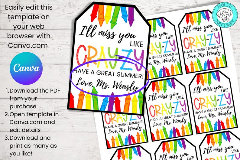 Miss You Like Crazy Gift Tag, Editable End of School Year Tag, Teacher ...
