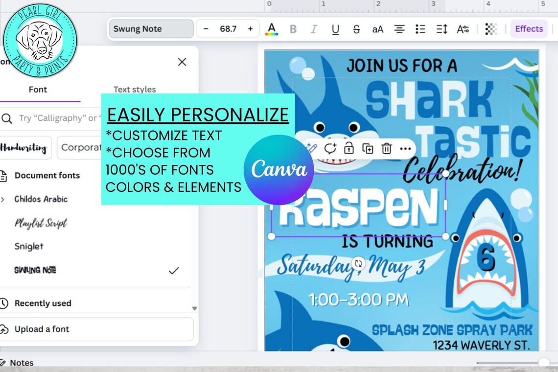 Editable Shark Birthday Invitation: Shark Party, Canva Template ...