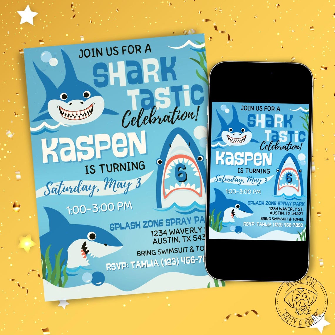 Editable Shark Birthday Invitation: Shark Party, Canva Template ...