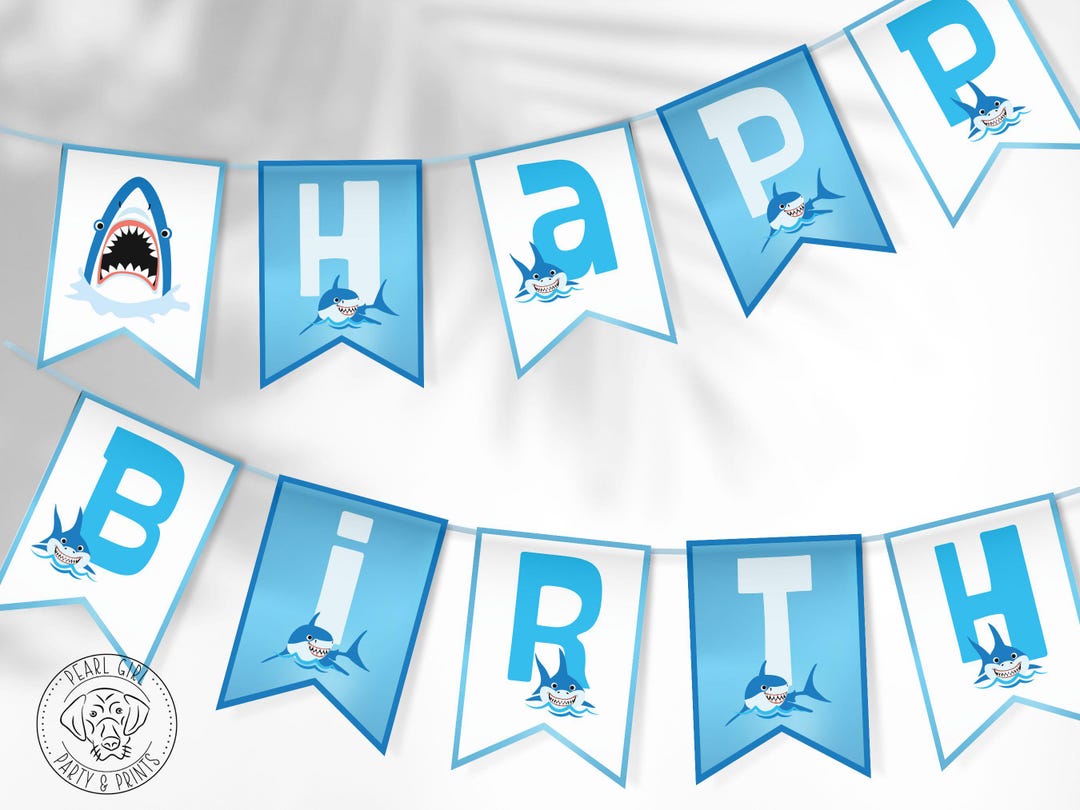 Shark Birthday Banner, PRINTABLE Birthday Banner, Shark Happy Birthday ...