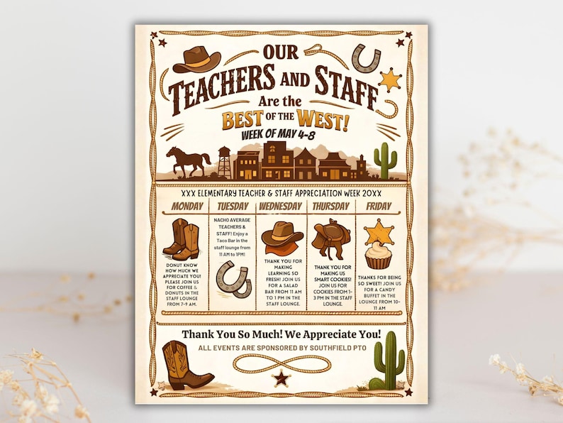 Western Teacher Appreciation Week Itinerary Flyer (canva Template) - Etsy