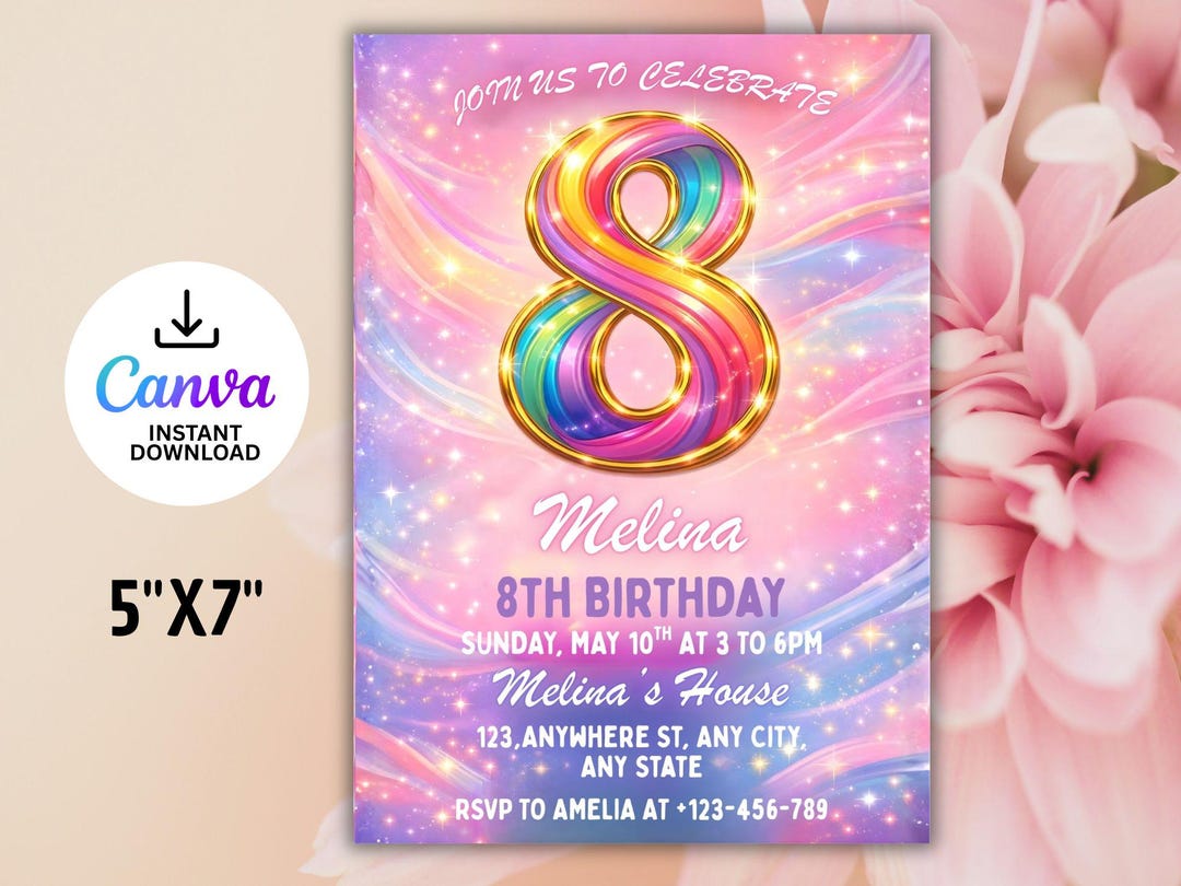 Editable Pink 8th Birthday Invitation: Rainbow Glitter Party (digital ...