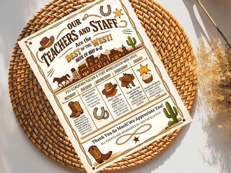 Western Teacher Appreciation Week Itinerary Flyer (canva Template) - Etsy