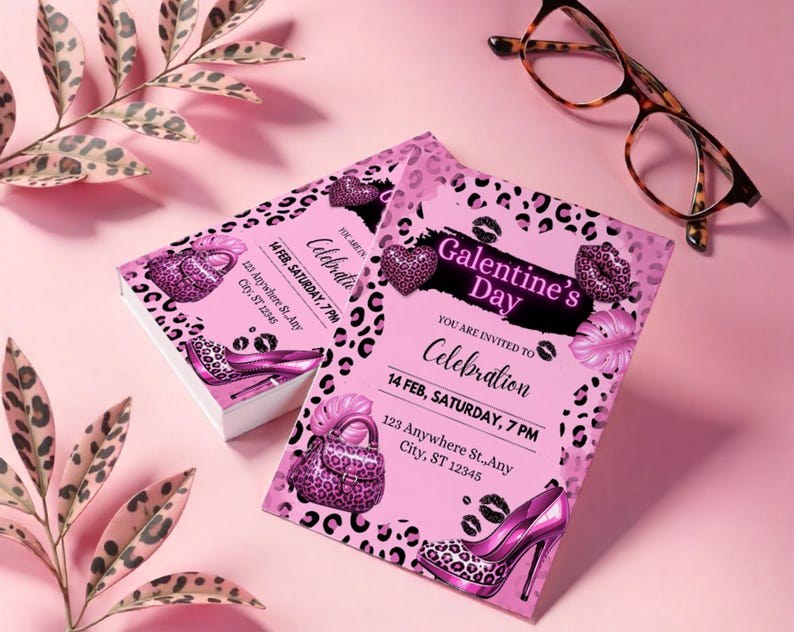 Pink Leopard Print Galentine's Invitation, Canva Editable (digital ...