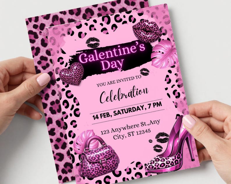 Pink Leopard Print Galentine's Invitation, Canva Editable (digital ...