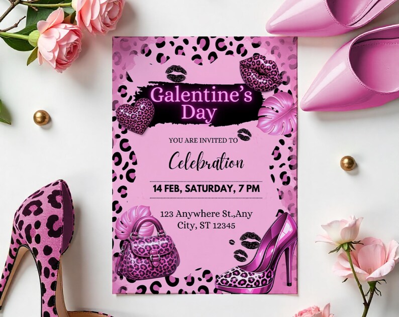 Pink Leopard Print Galentine's Invitation, Canva Editable (digital ...