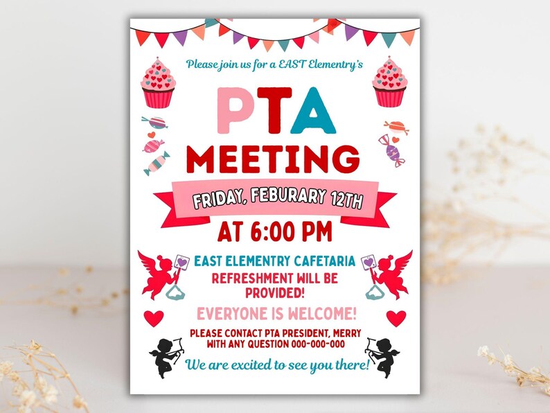 Editable Valentine PTA Meeting Flyer Template, February Bulletin, Canva ...