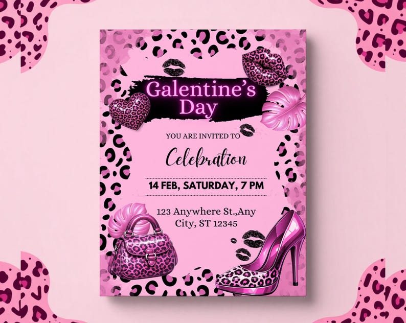 Pink Leopard Print Galentine's Invitation, Canva Editable (digital ...