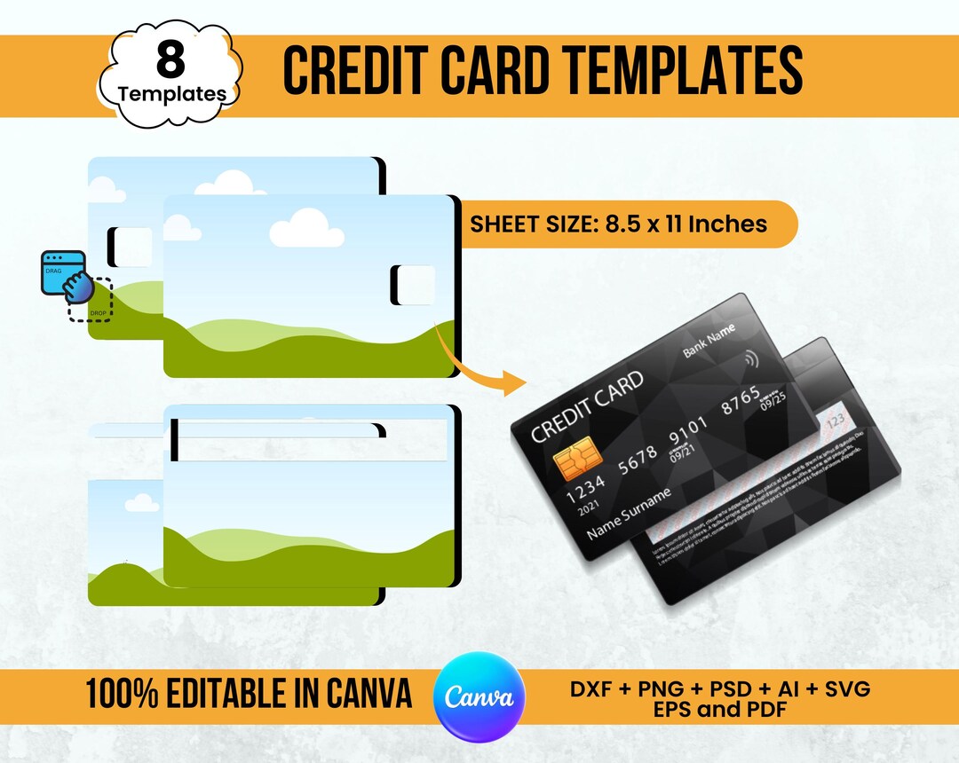 Credit Card Skin Editable Canva Template, Easy Drag and Drop, Printable ...