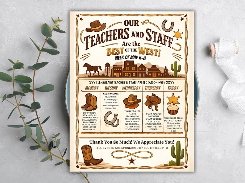 Western Teacher Appreciation Week Itinerary Flyer (canva Template) - Etsy