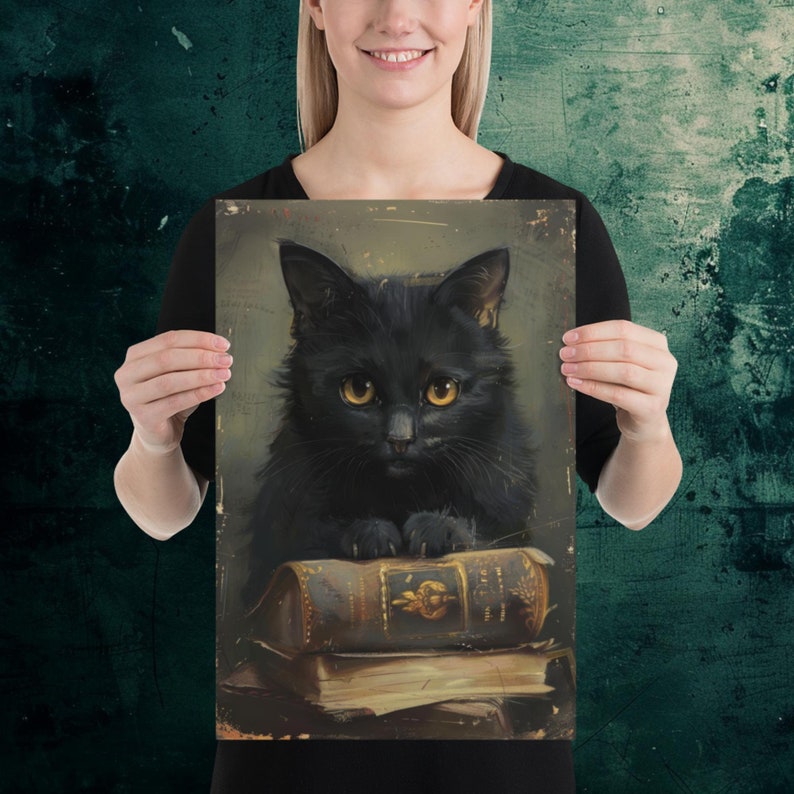 Gothic Black Cat, Painting Style, Art Poster Print, Home Decor, Victorian, Dark Academia, Cat ...