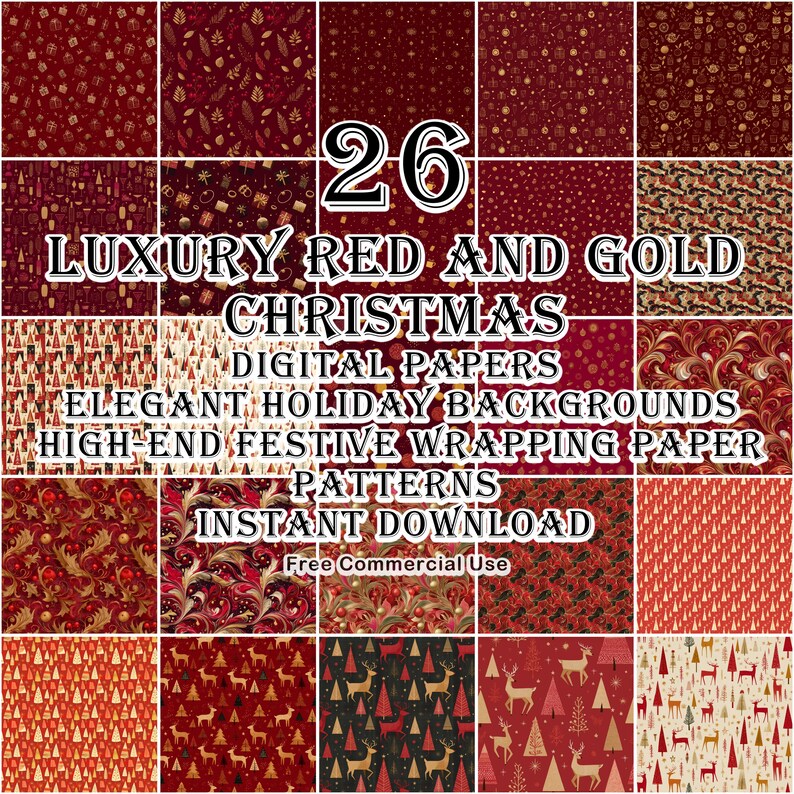 26 Luxury Red and Gold Christmas Digital Papers | Elegant Holiday ...