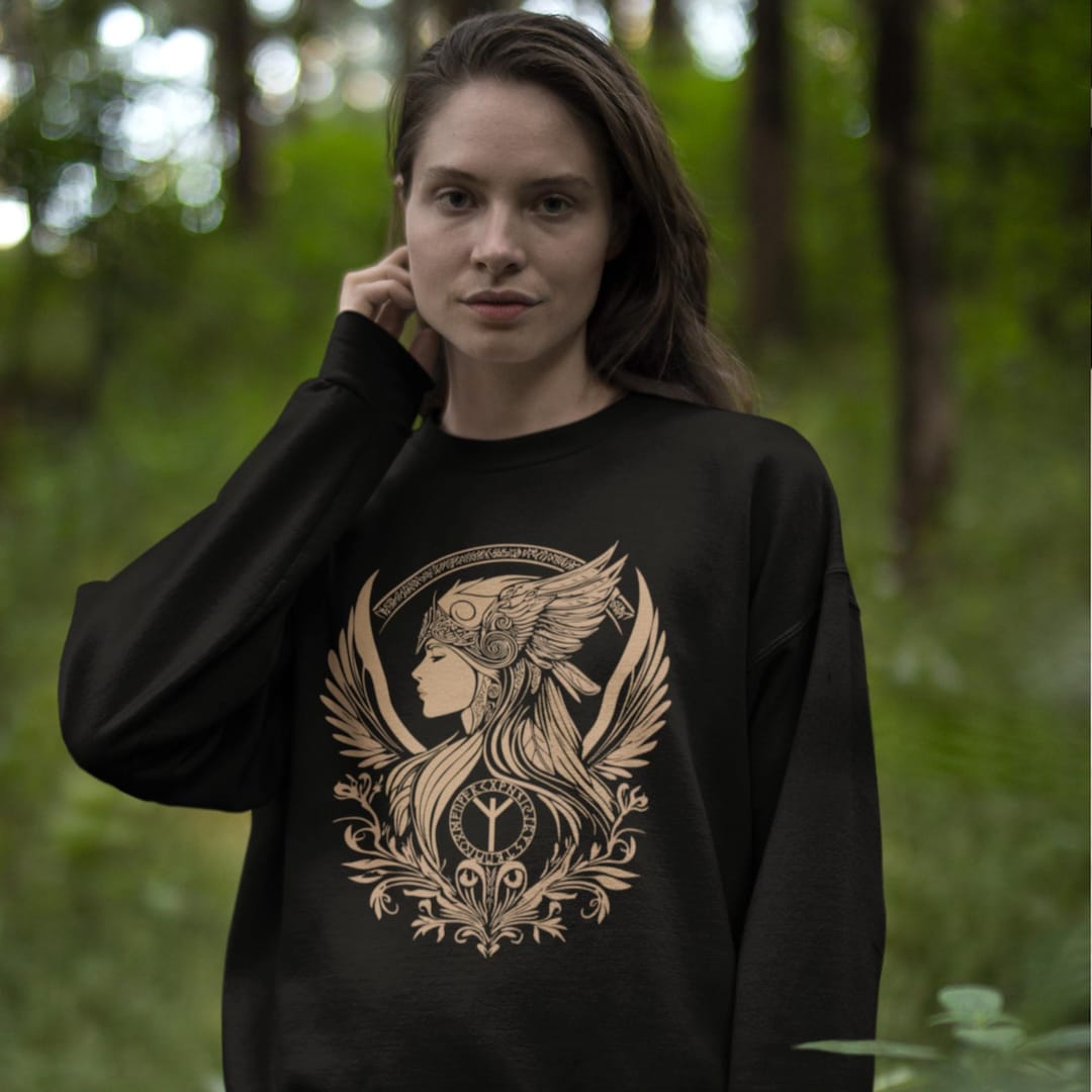 Viking Valkyrie Crewneck Sweatshirt With Norse Protection Rune | Nordic ...