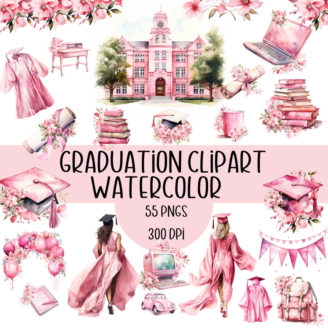 Graduation Clipart, Pink Watercolor Graduation Clipart, Pink School ...