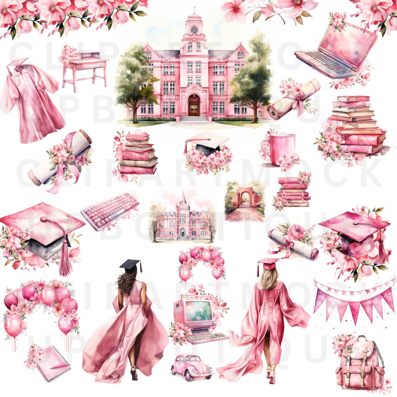Graduation Clipart, Pink Watercolor Graduation Clipart, Pink School ...