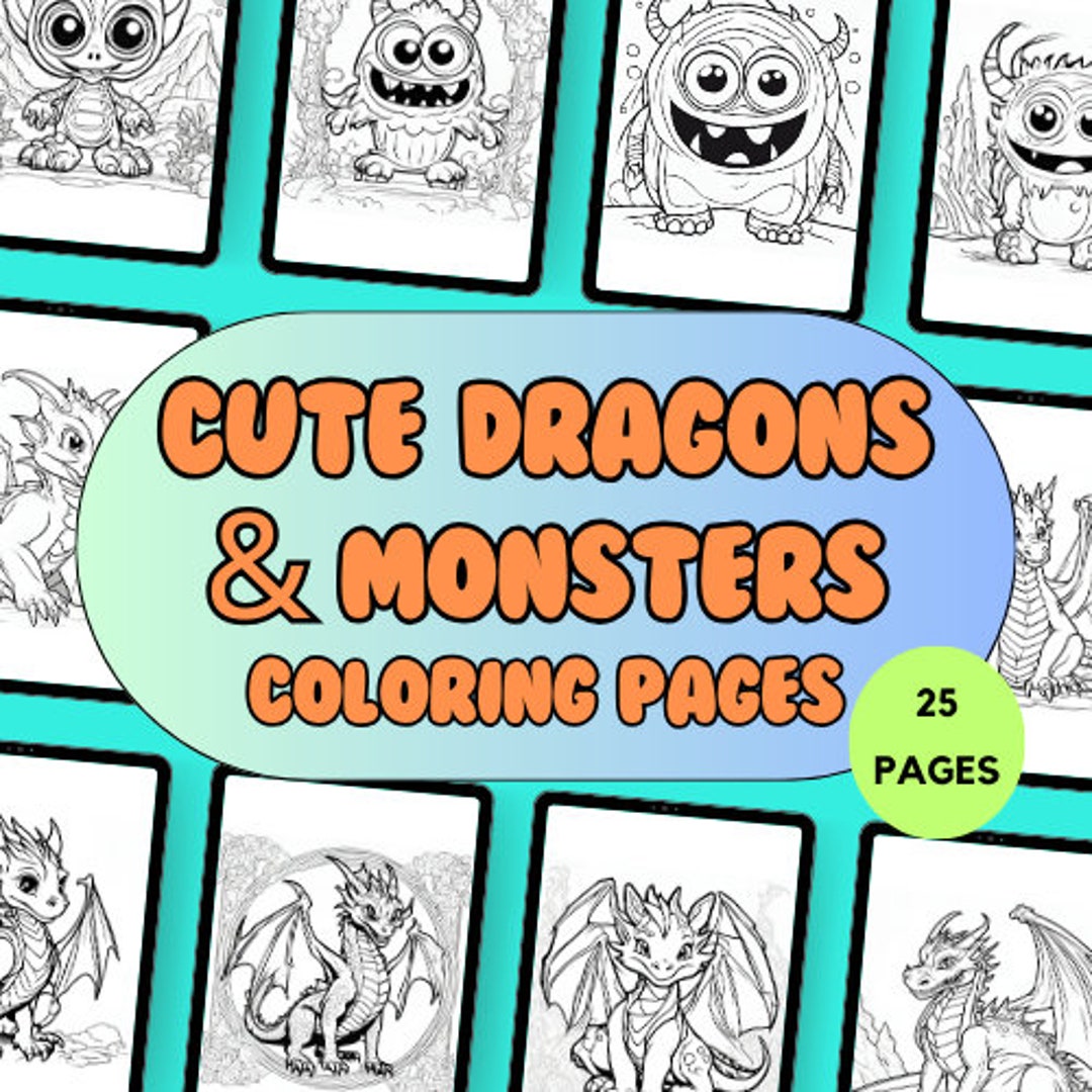 100 Cute Dragons and Monsters Fantasy Coloring Pages for Kids Instant ...