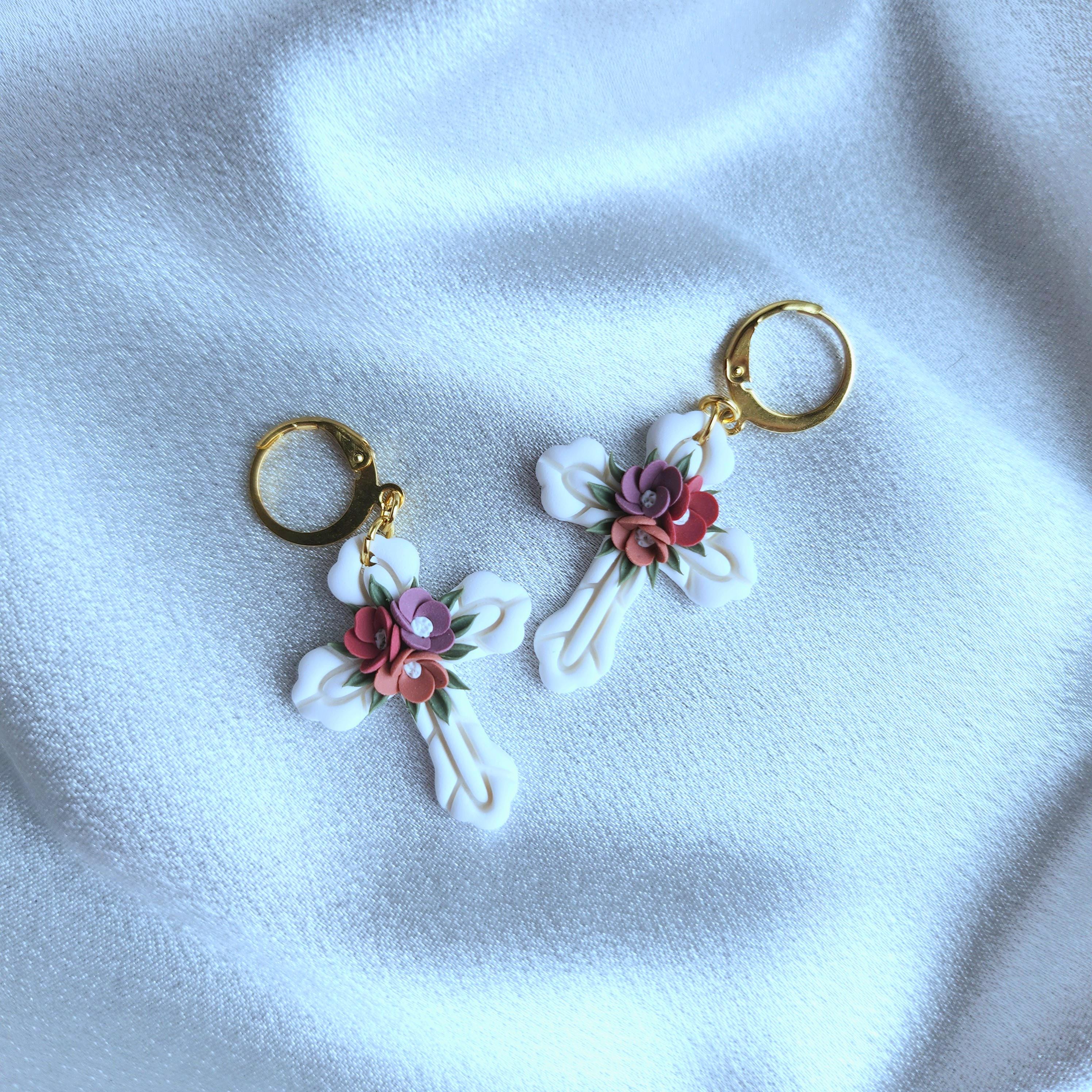 Elegant Floral Cross Earring/ Handmade Jewelry/ Polymer Clay Earrings ...