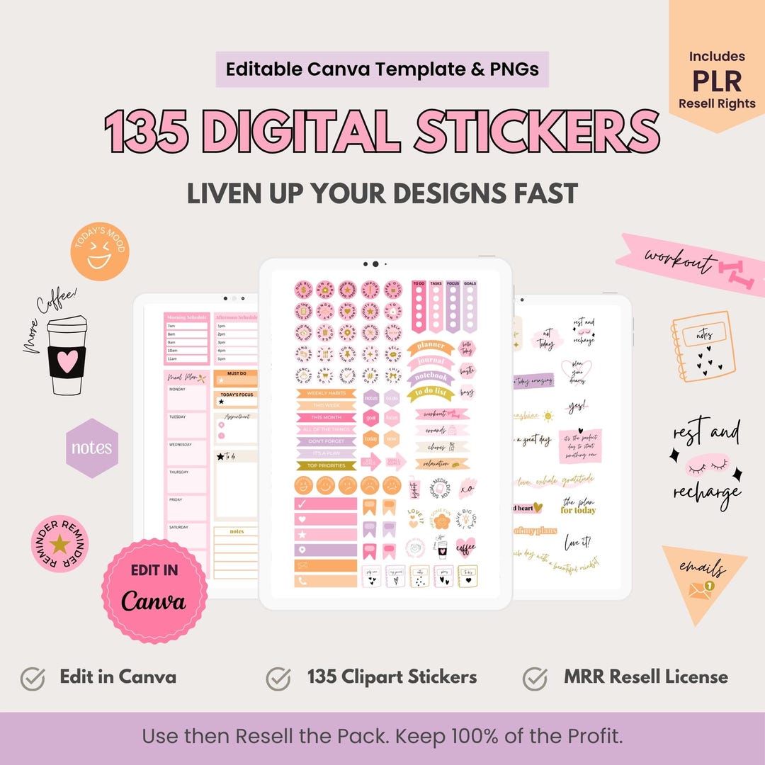 Digital Stickers Pack in Bright Pink & Pastel, Pngs for Digital ...