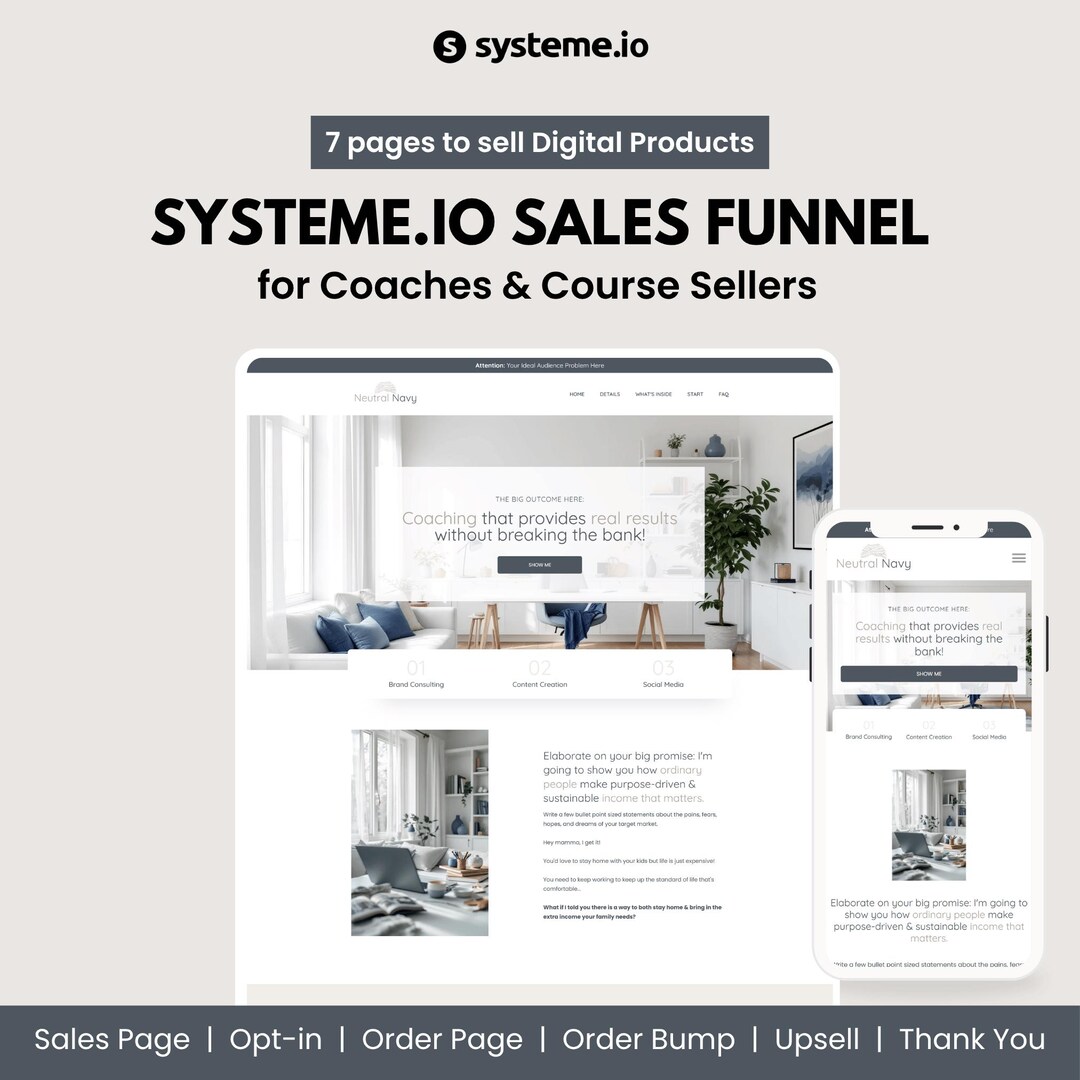 Neutral Navy - Systeme.io Funnel Template. Sales Page. Opt-in. Order ...