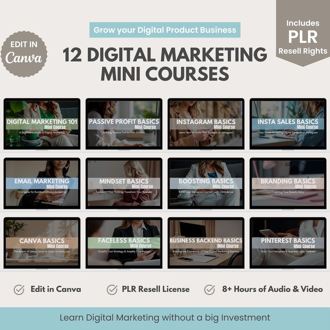 12 Mini Courses Digital Marketing Bundle | Canva Templates + PLR Audio ...