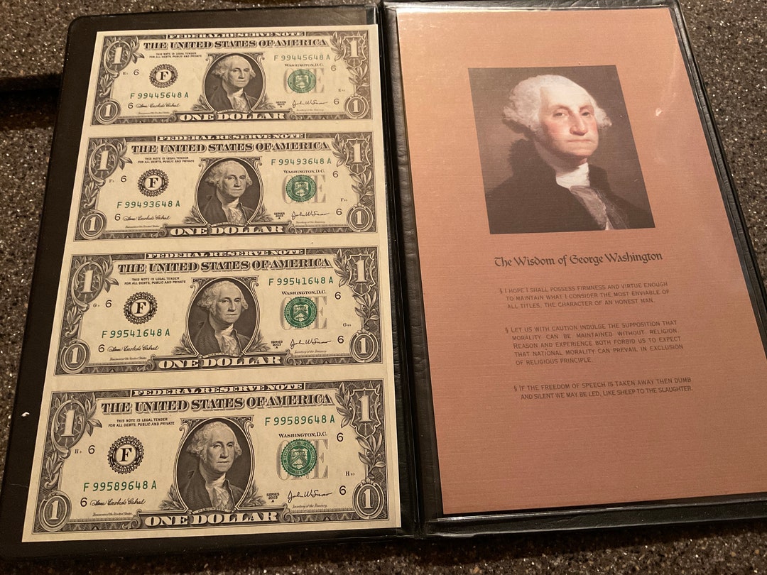 Uncut Uncirculated Sheet of 4x2003a 1 Dollar Bills in Folder With ...