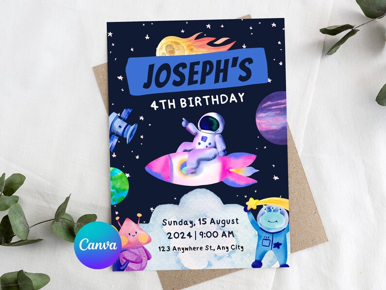 Outer Space Birthday Invitation Boy Astronauts Planets Party Invite ...