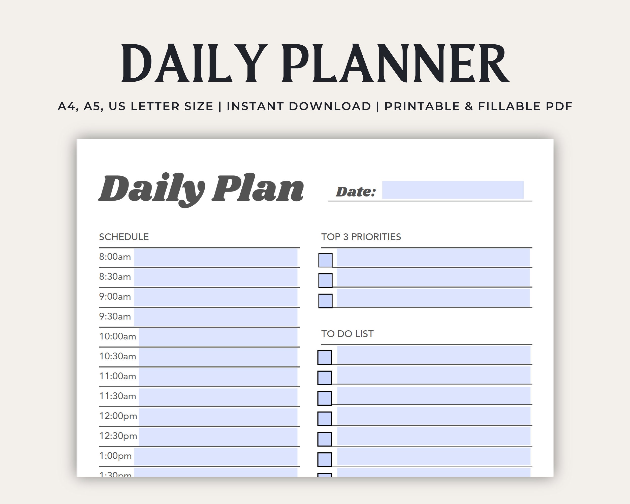Daily Planner Printable and Fillable A4/A5/US Letter Instant Download ...
