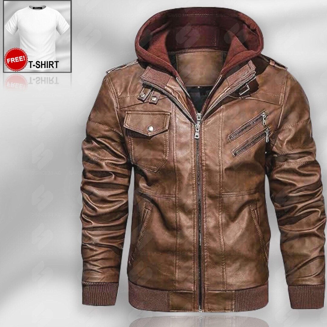 HOODED CREW Mens Casual Stand Collar Real Leather Zip-up Motorcycle ...