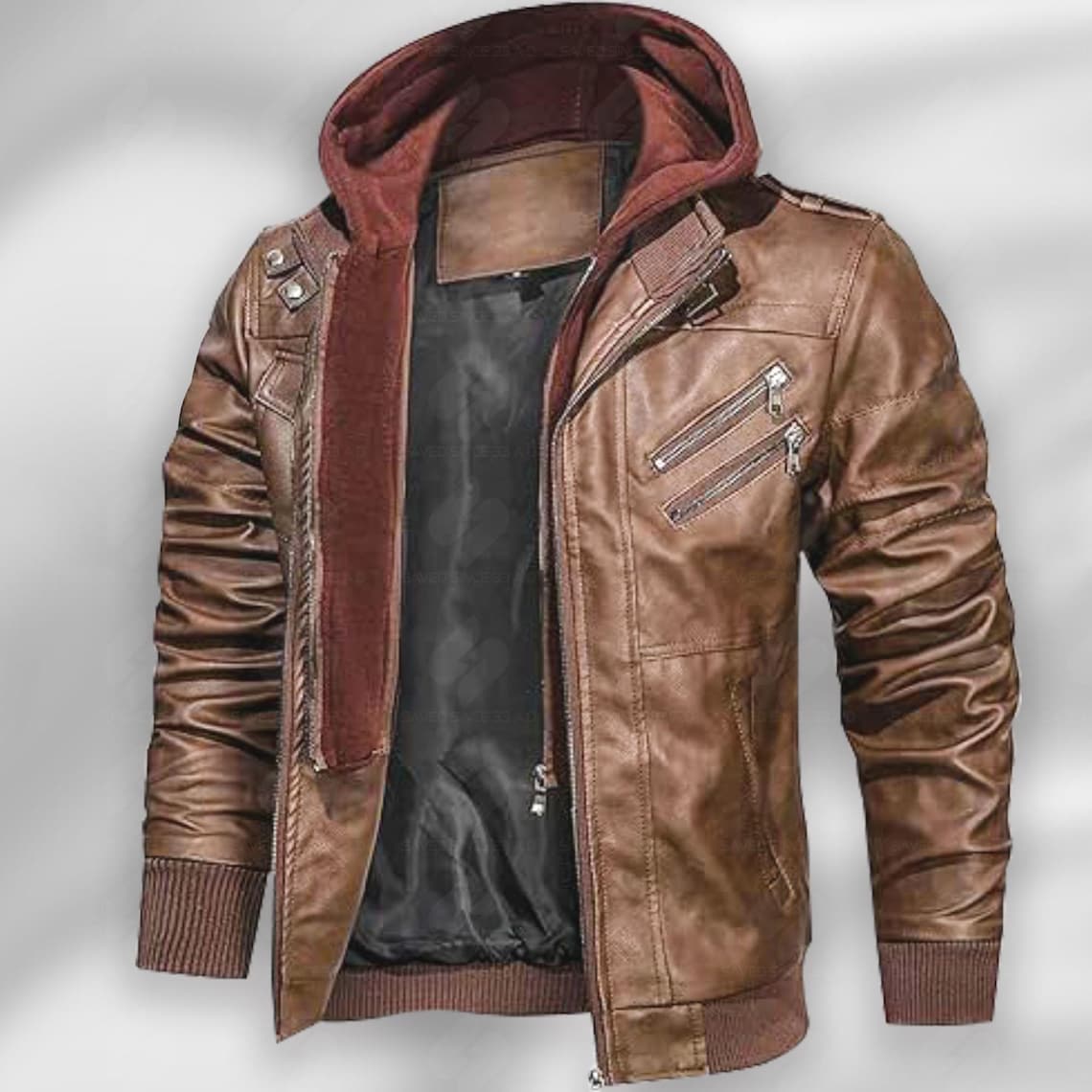 HOODED CREW Mens Casual Stand Collar Real Leather Zip-up Motorcycle ...