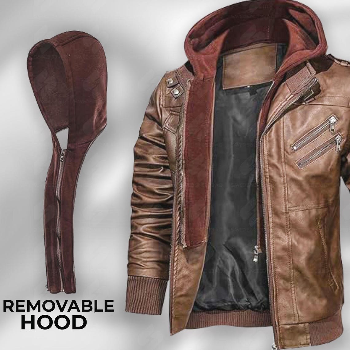 HOODED CREW Mens Casual Stand Collar Real Leather Zip-up Motorcycle ...