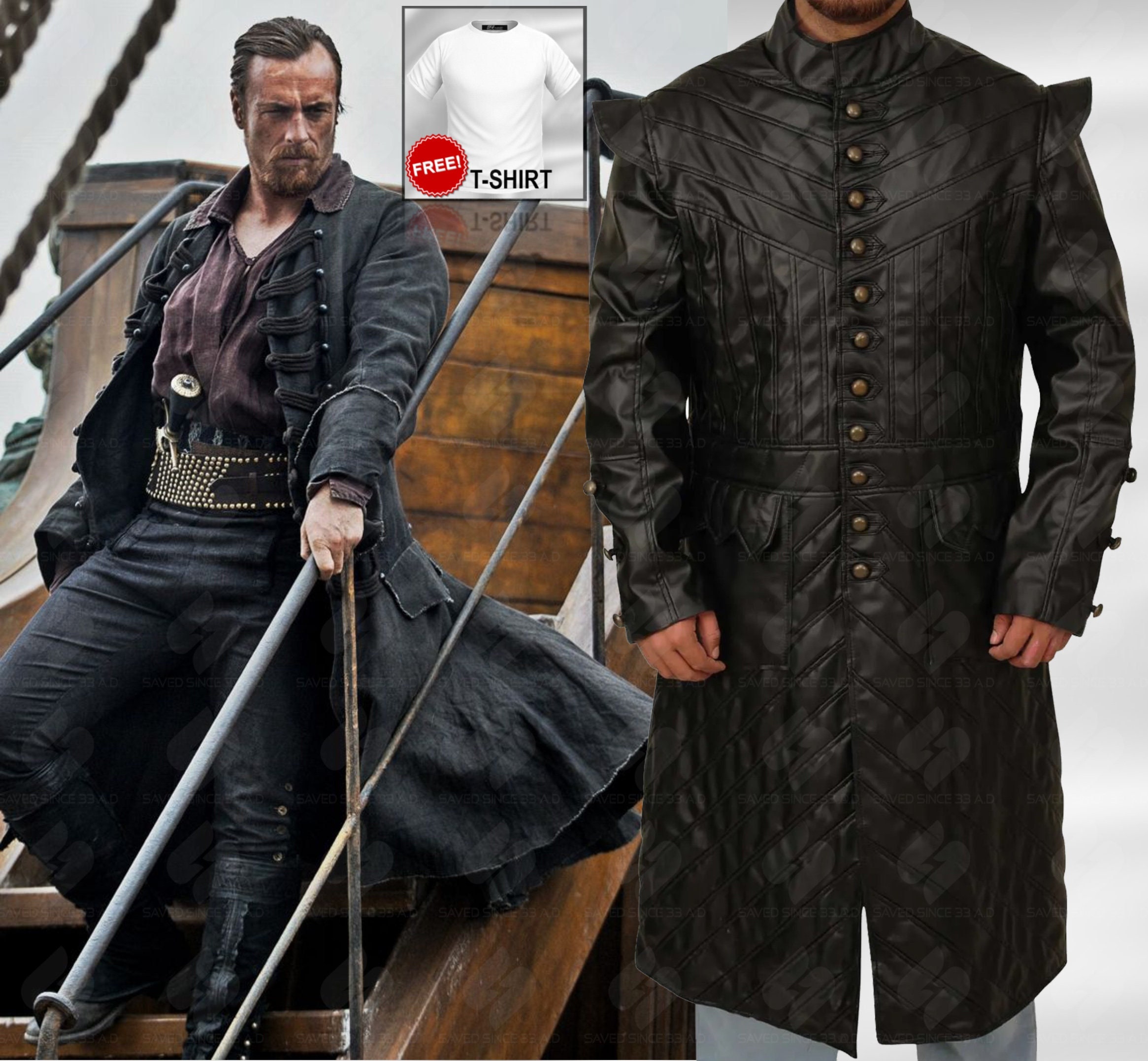 Captain Flint Trench Leather Coat, Handmade Captain Flint Black Sails ...
