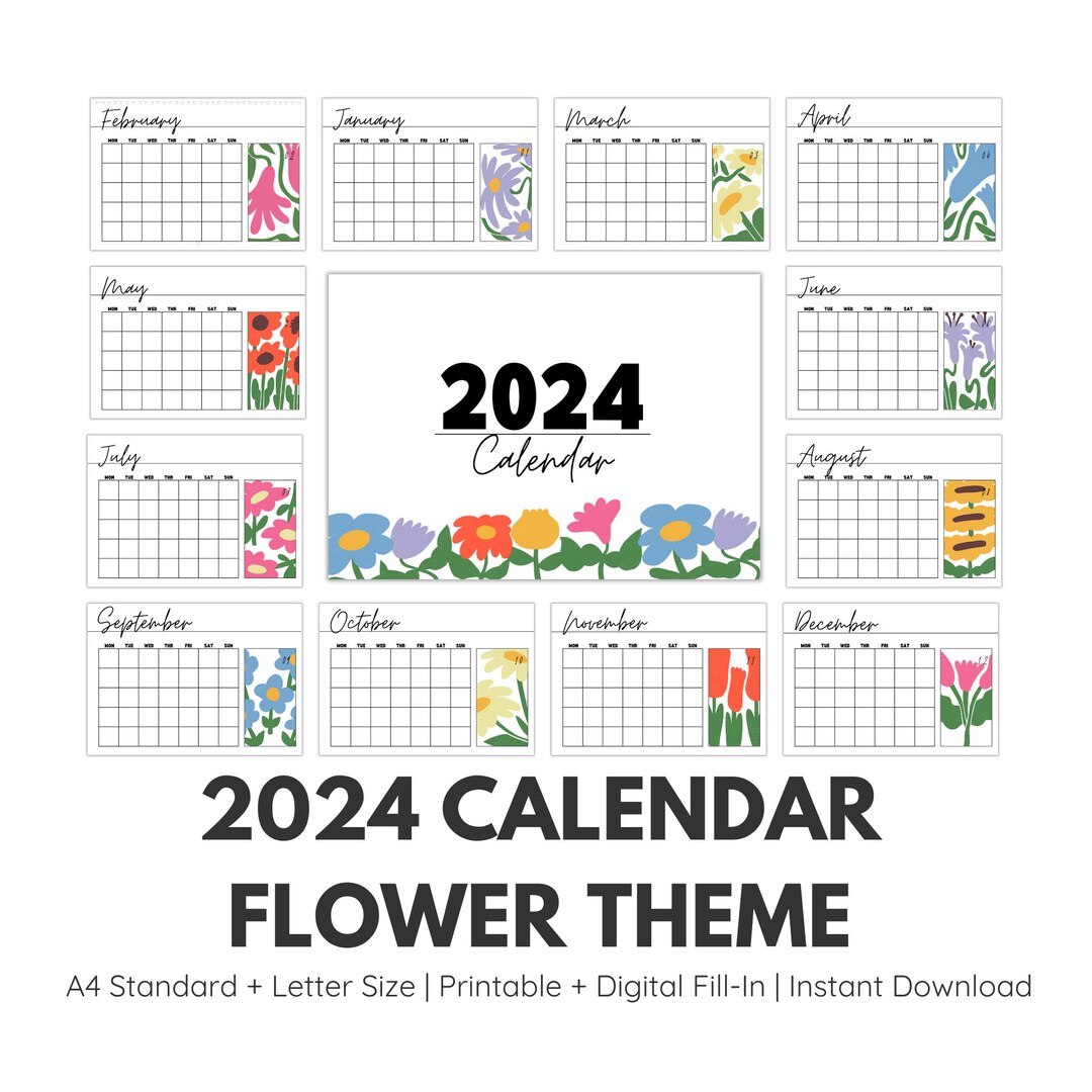 2024 Flower Themed Calendar A4 Standard US Letter Size, Printable PDF ...