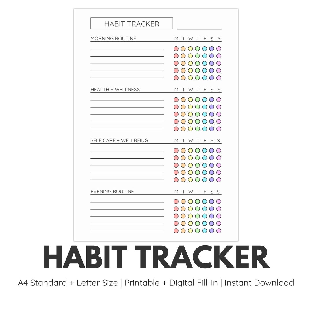 Habit Tracker Planner Sheet Printable Planner, Rainbow Design, Selfcare ...