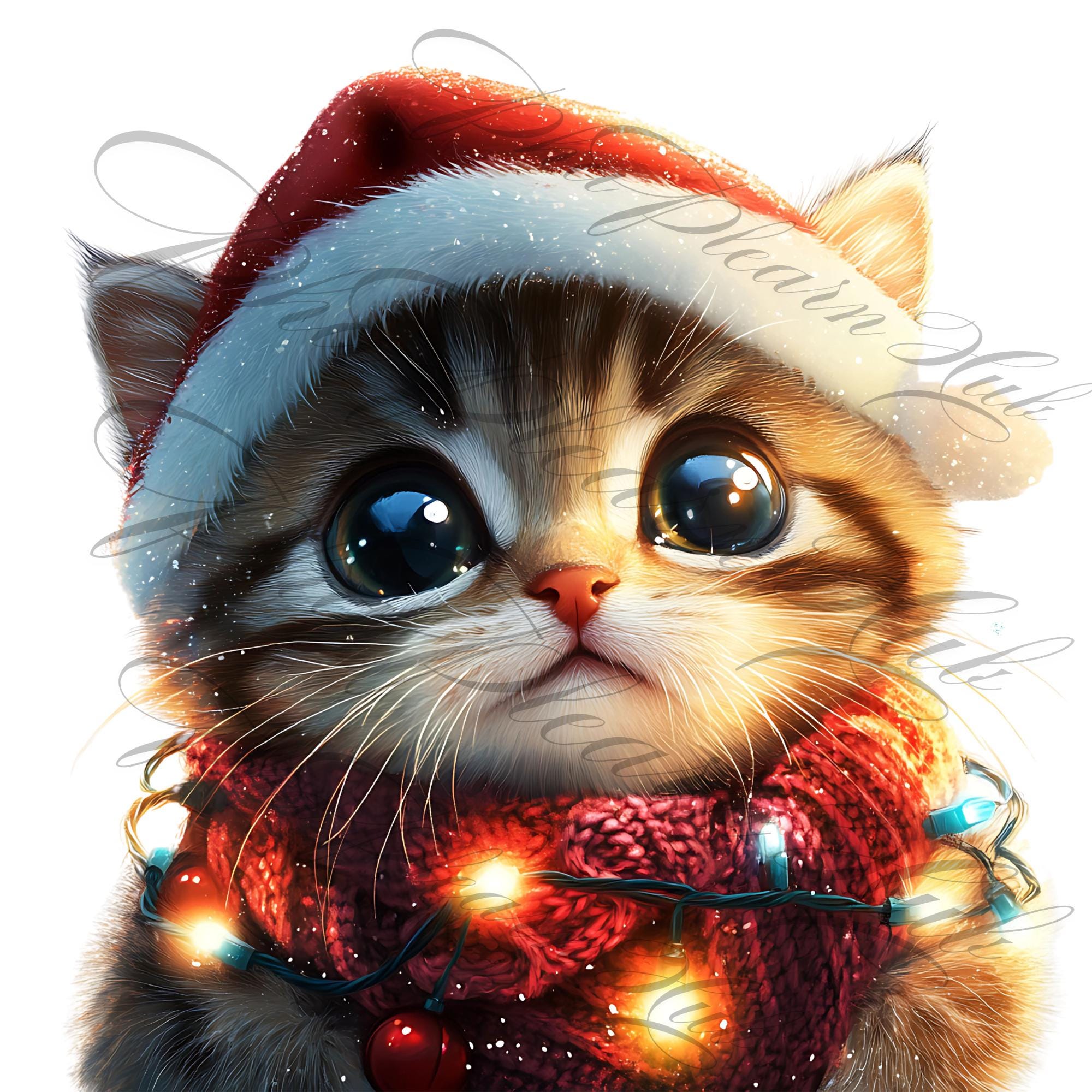 Cute Kitten Christmas Clipart, Cute Kitten With Santa Hat, Cats Wrapped ...