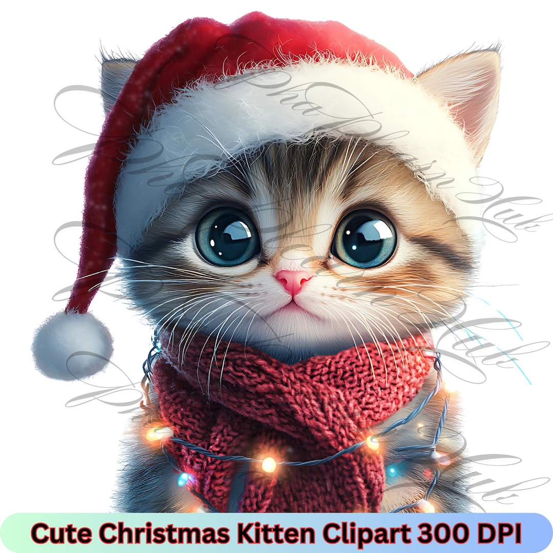 Cute Kitten Christmas Clipart, Cute Kitten With Santa Hat, Cats Wrapped ...