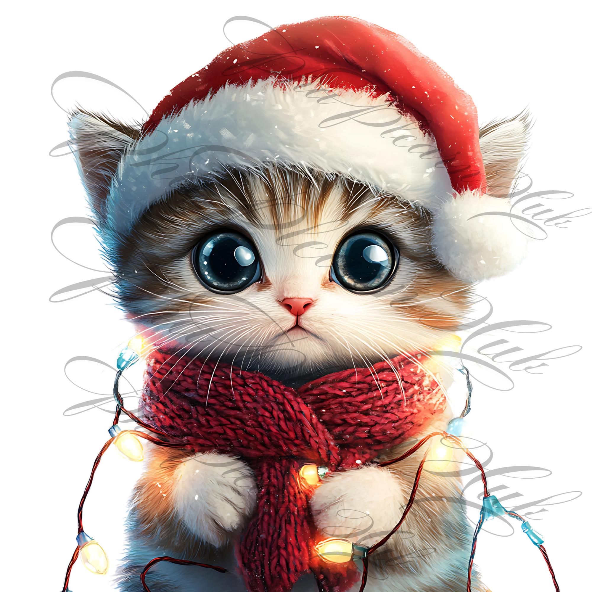 Cute Kitten Christmas Clipart, Cute Kitten With Santa Hat, Cats Wrapped ...