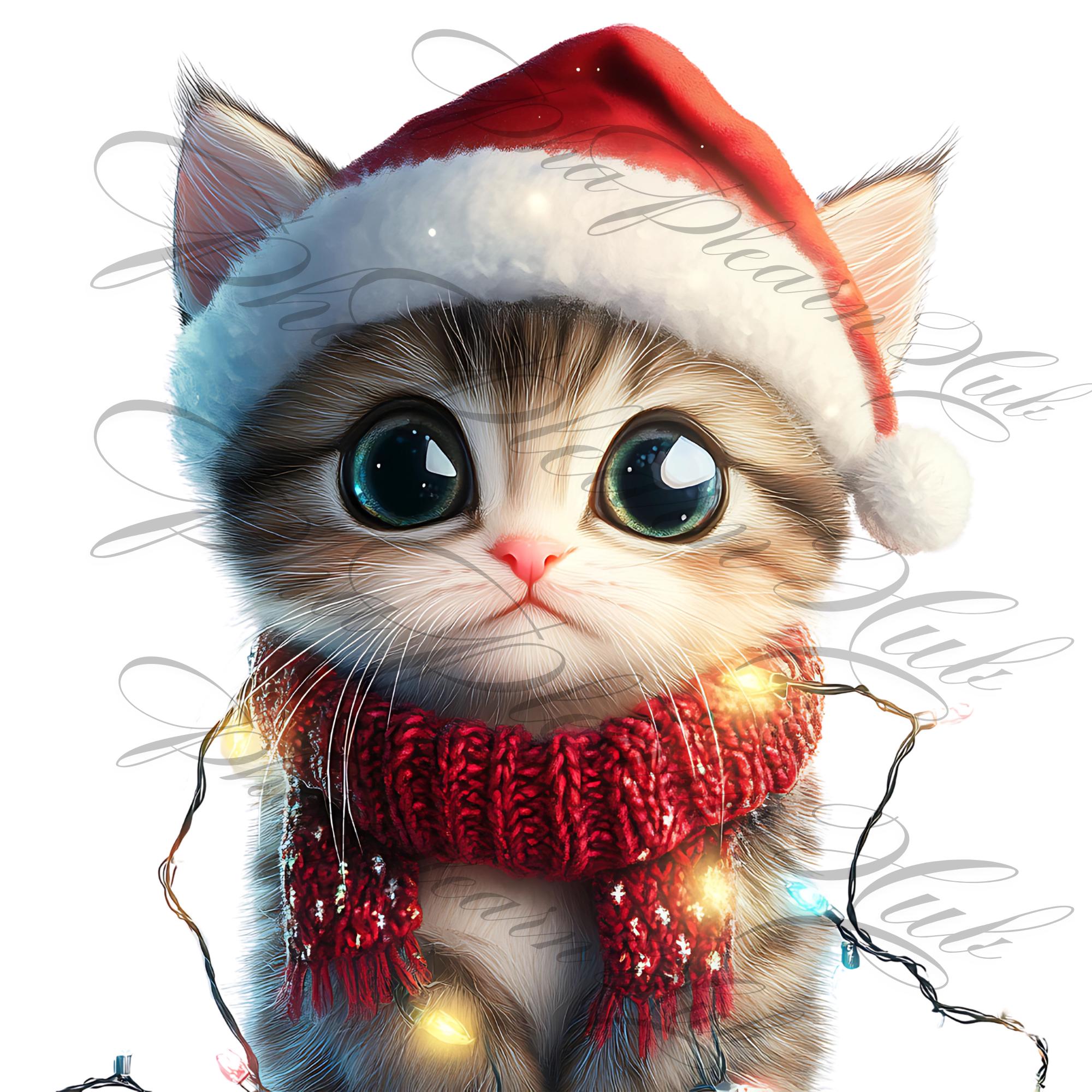 Cute Kitten Christmas Clipart, Cute Kitten With Santa Hat, Cats Wrapped ...