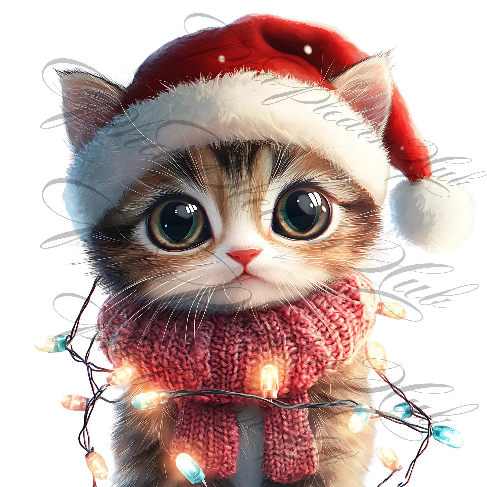 Cute Kitten Christmas Clipart, Cute Kitten With Santa Hat, Cats Wrapped ...