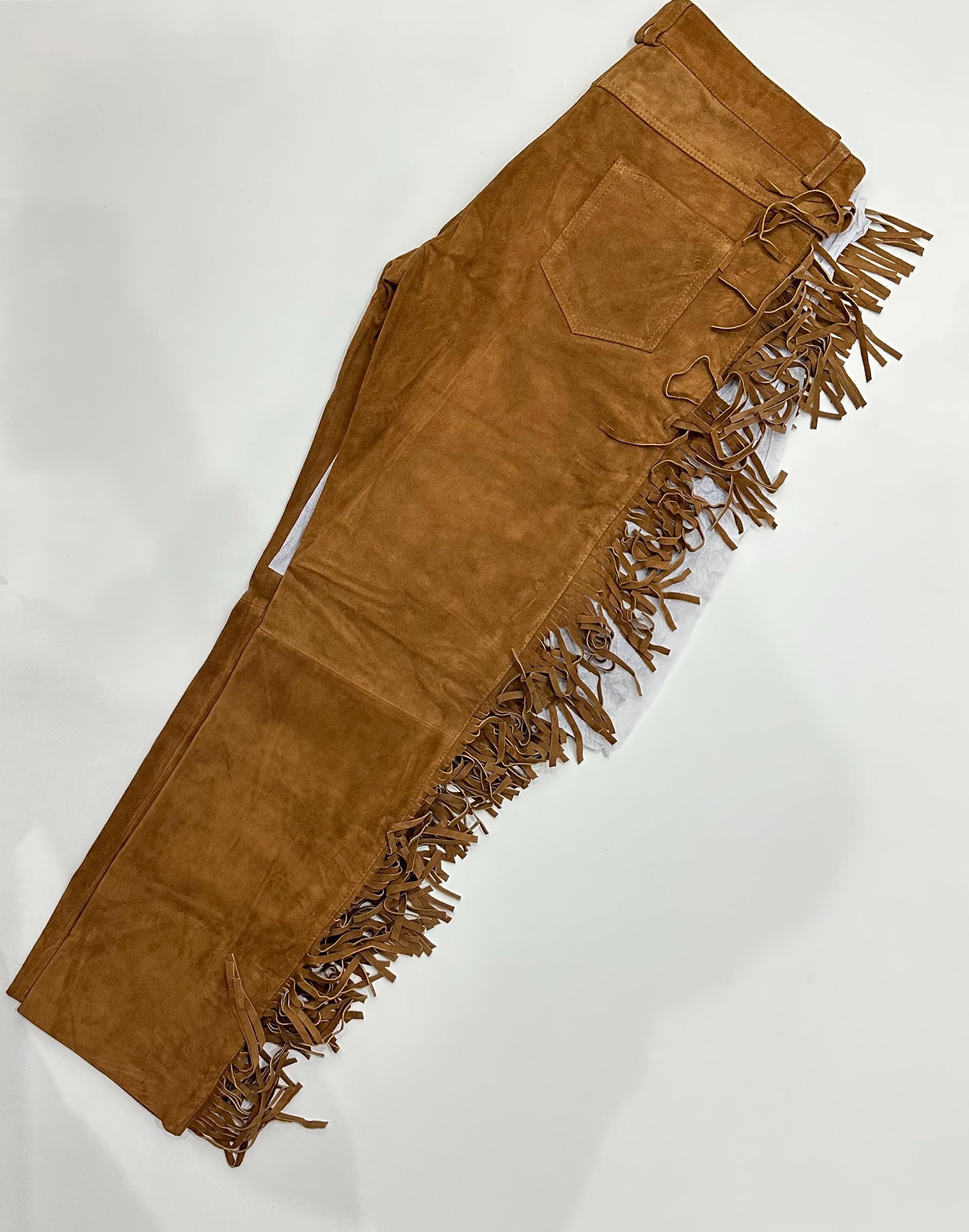 Men's Brown 100% Genuine Suede Leather Fringe Pant, Western Style Real ...