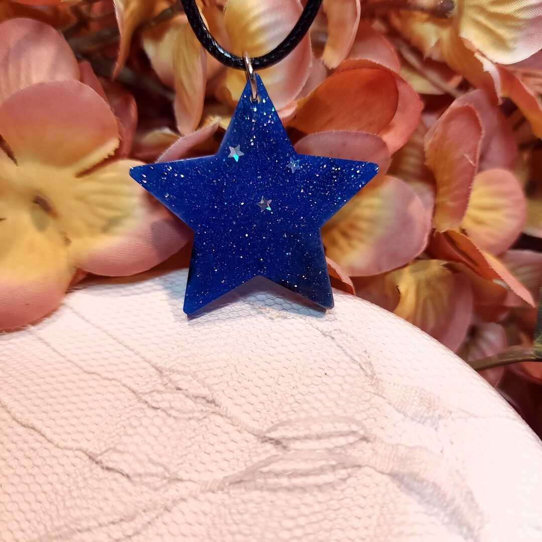 Artisan Handmade Glittery Blue Star Pendant on Black Rope Necklace ...