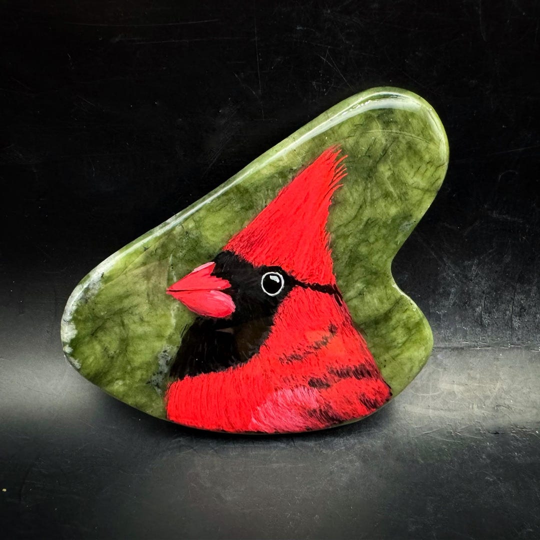 Red Cardinal Bird Hand Painted on Jade Stone - Decoration - Happy ...
