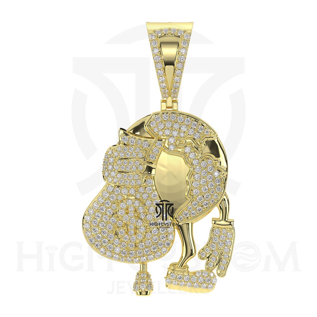 Iced Out Money Bag Globe Pendant 925 Sterling Silver Hip Hop Rapper ...