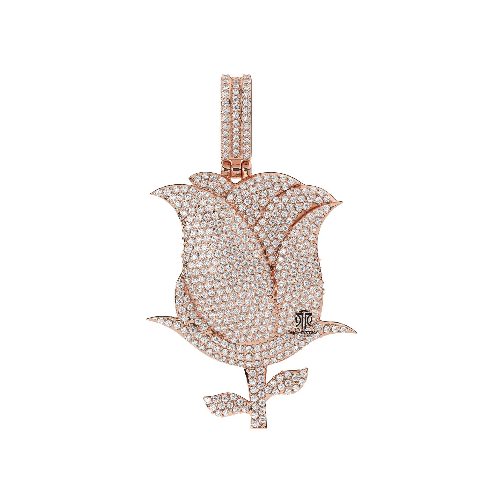 Iced Out Rose Pendant Necklace Moissanite Diamond Flower Charm Gold or ...