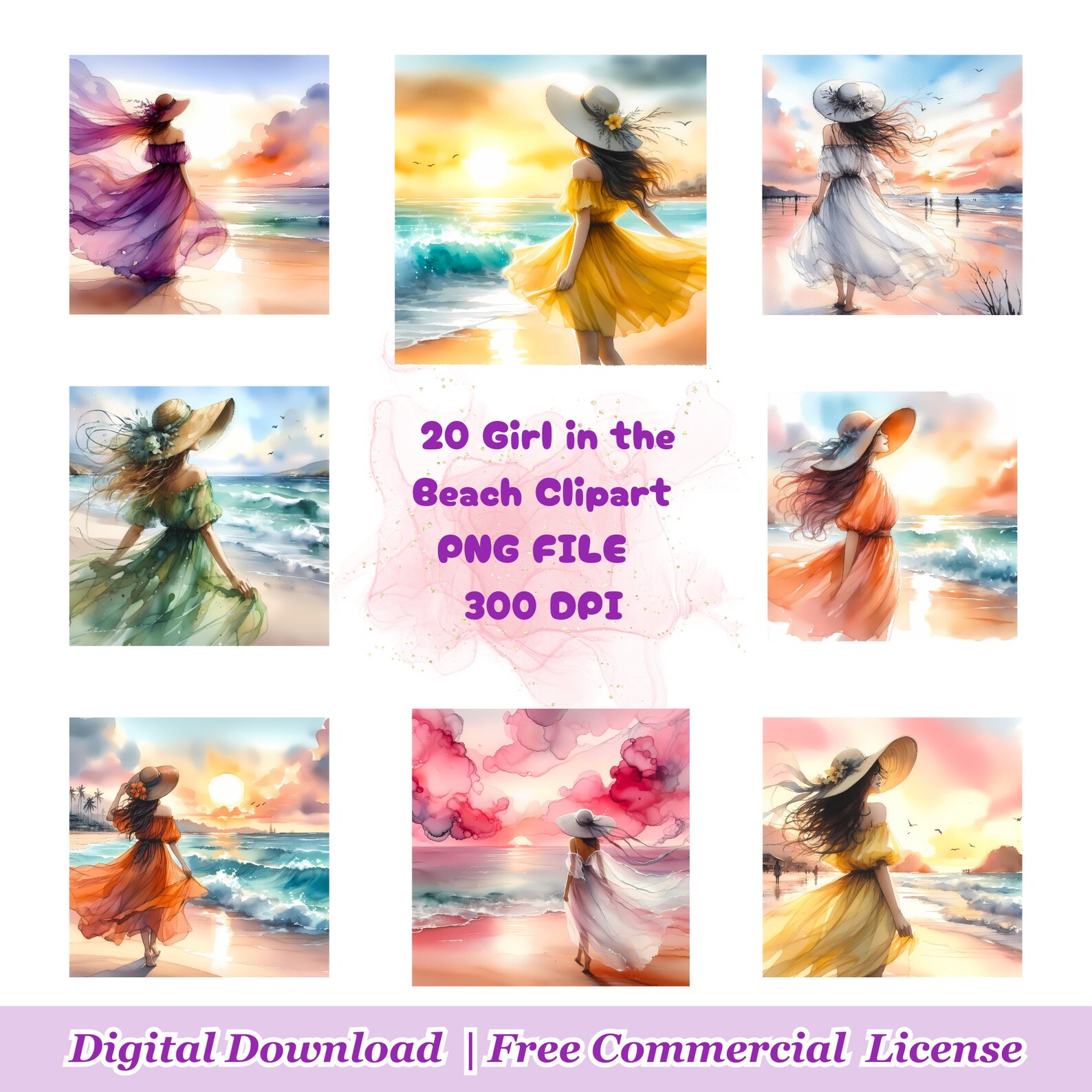 Beach Girl Clipart Set | 20 Watercolor Summer Pngs for Junk Journals ...