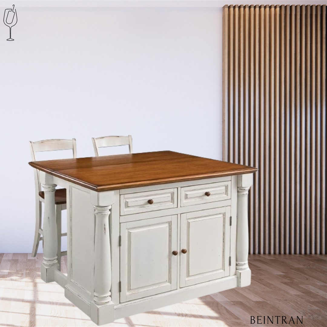 Monarch Kitchen Island and Stool Set, With 2 Stools, Live Teak Wood ...