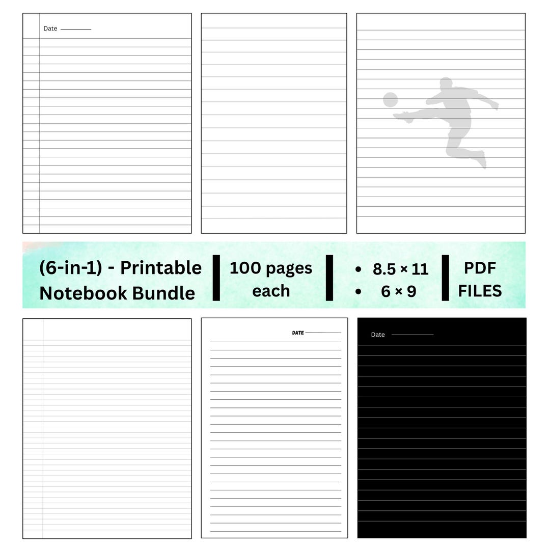 6-in-1 Printable Notebook Bundle – Wide-lined Left-handed Black Paper ...